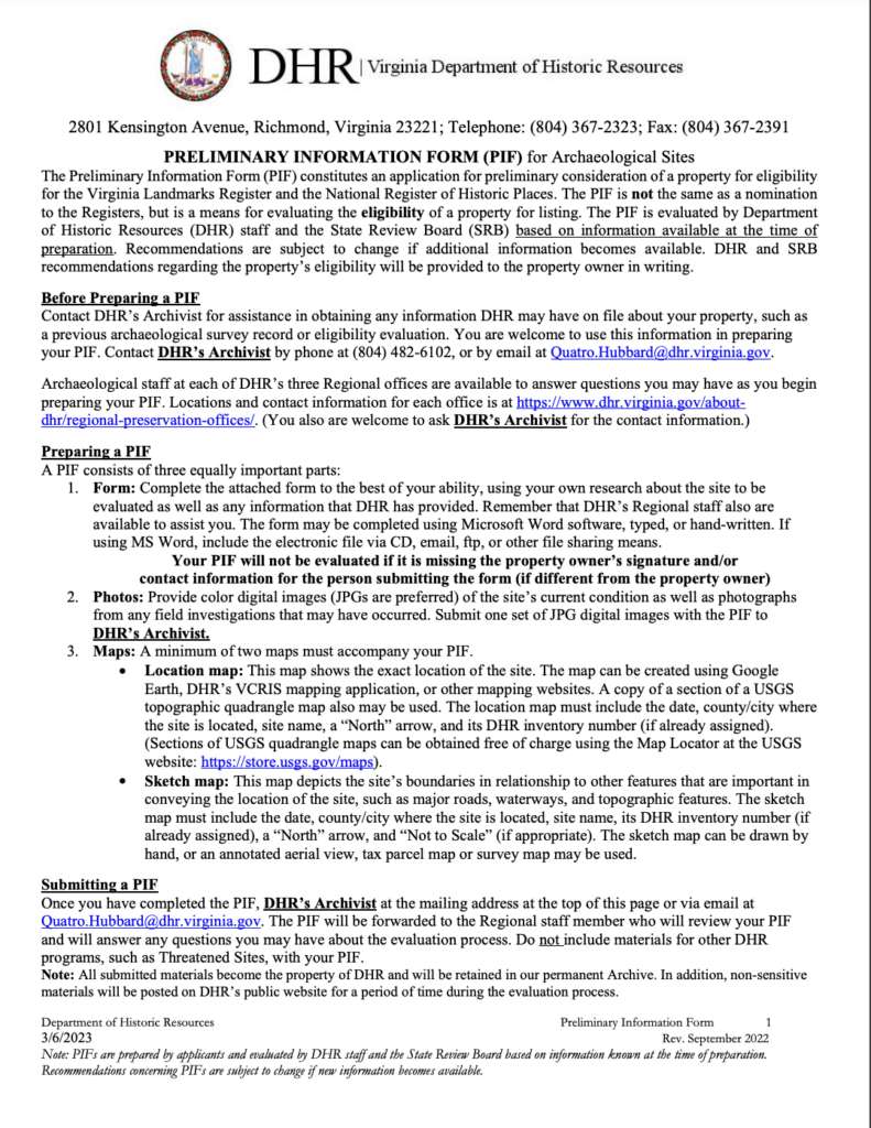 Archaeological Site: Preliminary Information Form – DHR